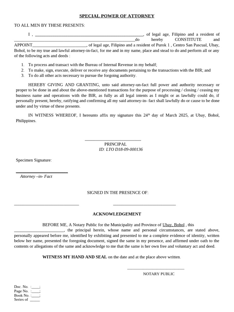 SPA BIR GENERIC | PDF | Notary Public | Power Of Attorney