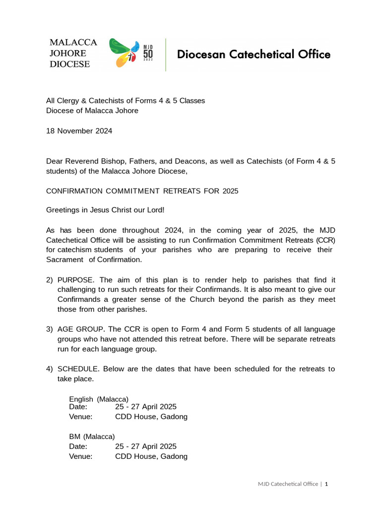 Letter 2025 Confirmation Commitment Retreats | PDF | Catechism | Confirmation