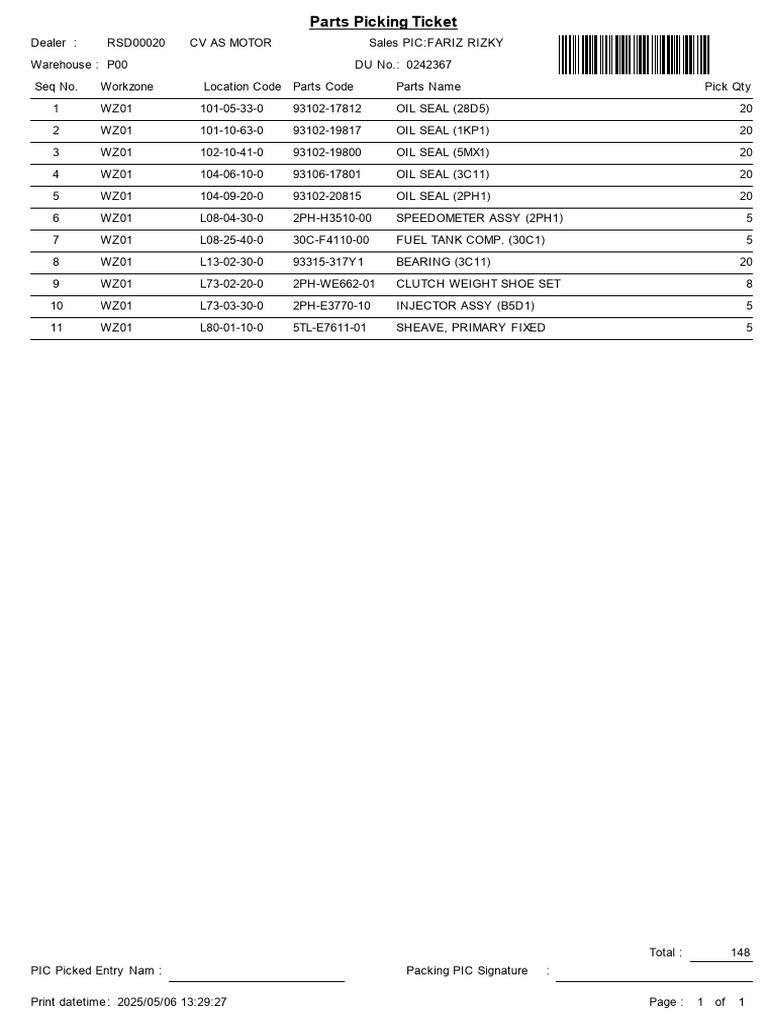 Parts Picking Ticket Summary | PDF
