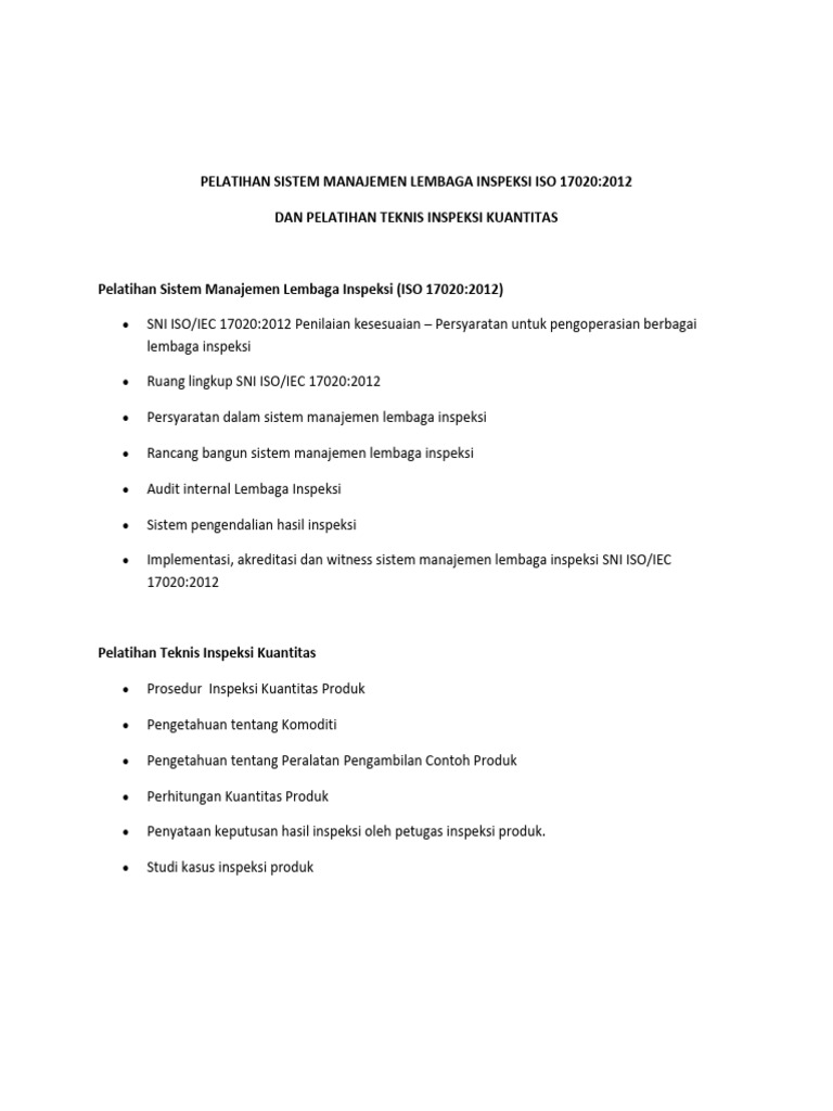 PELATIHAN SISTEM MANAJEMEN LEMBAGA INSPEKSI ISO 17020 | PDF