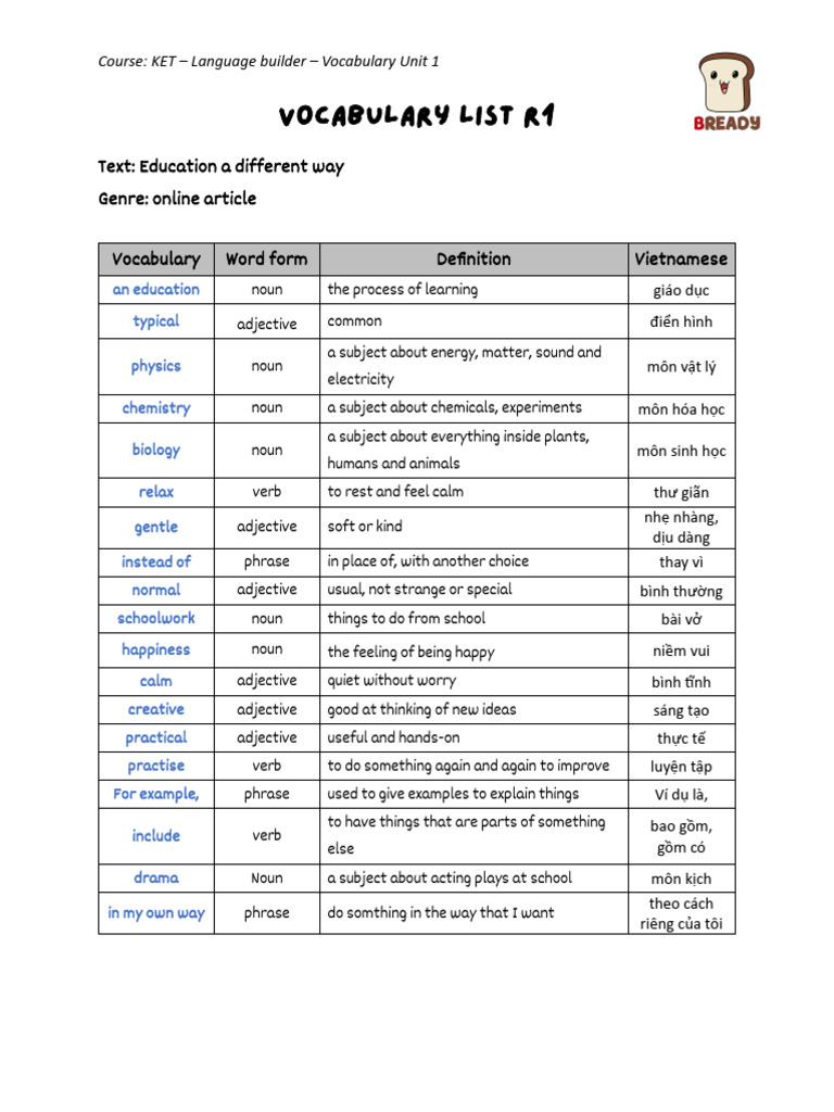 KET - Unit 1 - Vocabulary List - R1 | PDF | Noun | Adjective