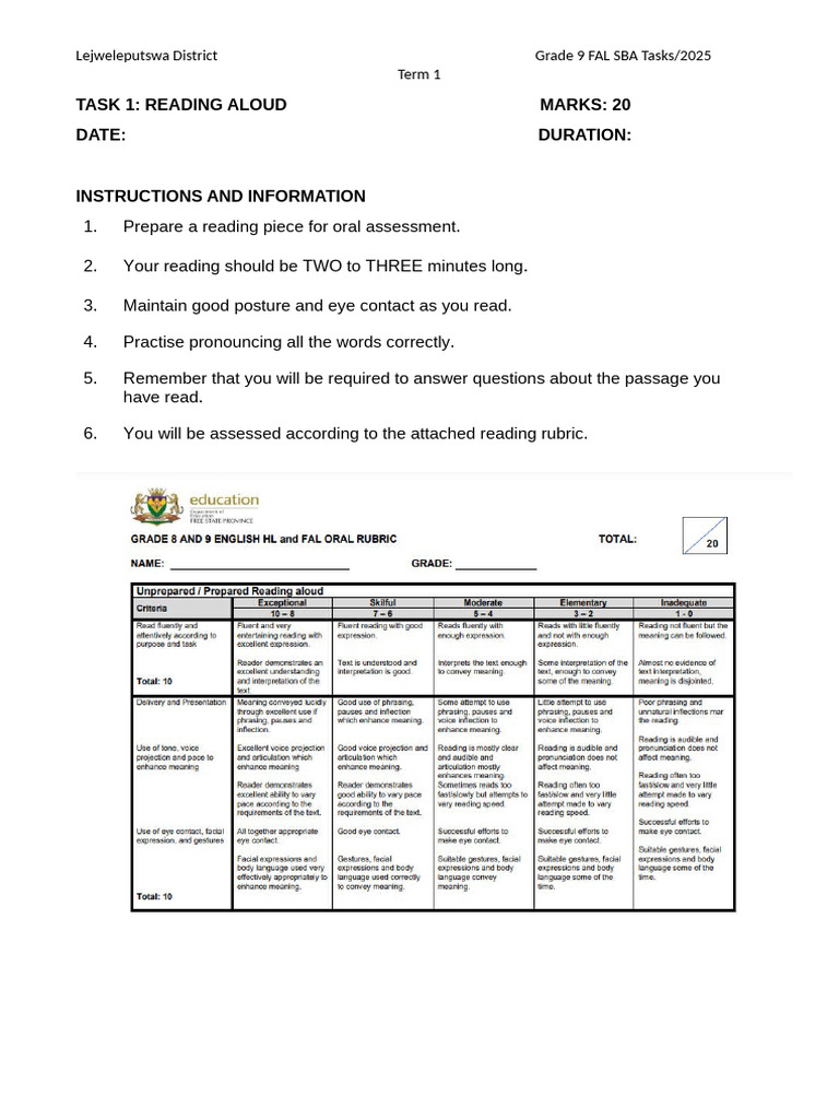 Grade 9 FAL SBA Tasks 2025-26 | PDF | Paragraph | Vocabulary