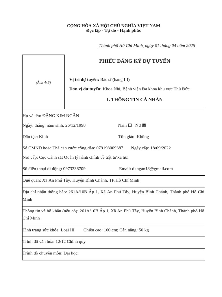 BVDKKVTD - Mau Phieu Dang Ky Du Tuyen Vien Chuc Nghi Dinh 85 | PDF