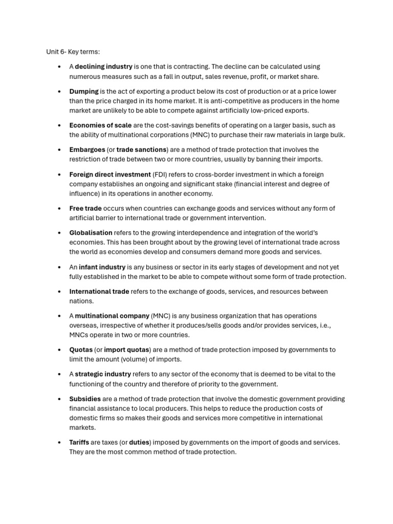 Unit 6- Key Terms | PDF | Protectionism | Trade