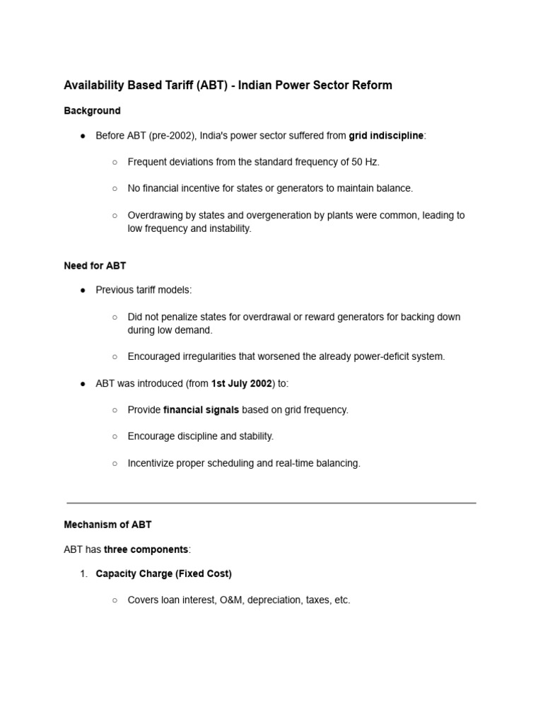 Availability Based Tariff (ABT) - Indian Power Sector Reform | PDF | Electrical Engineering ...