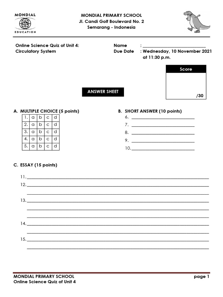 Answer Sheet (Science Quiz of Unit 4) | PDF | Writing