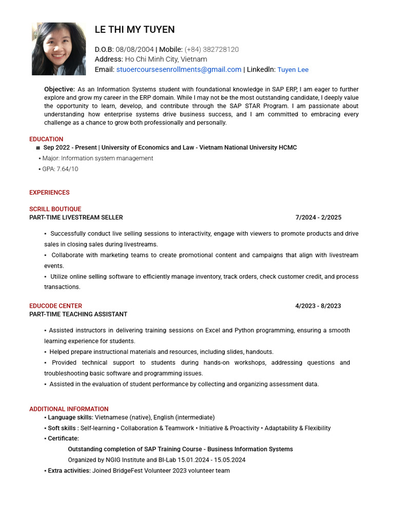 LE THI MY TUYEN - CV For SAP STAR Program | PDF | Learning
