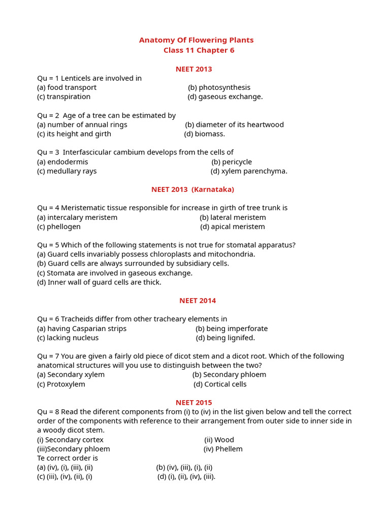 Anatomy of Flowering Plants Neet Pyq 2013-22 | PDF | Plant Stem | Tissue (Biology)
