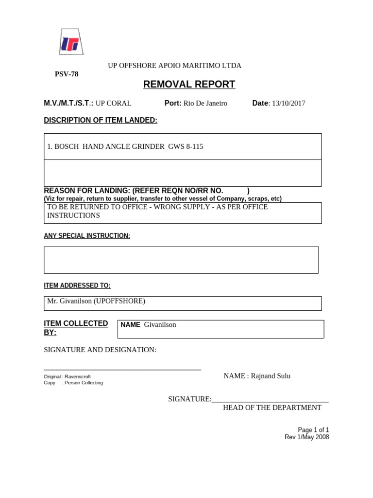 Removal Report - 13.10.2017 Angle Grinder | PDF