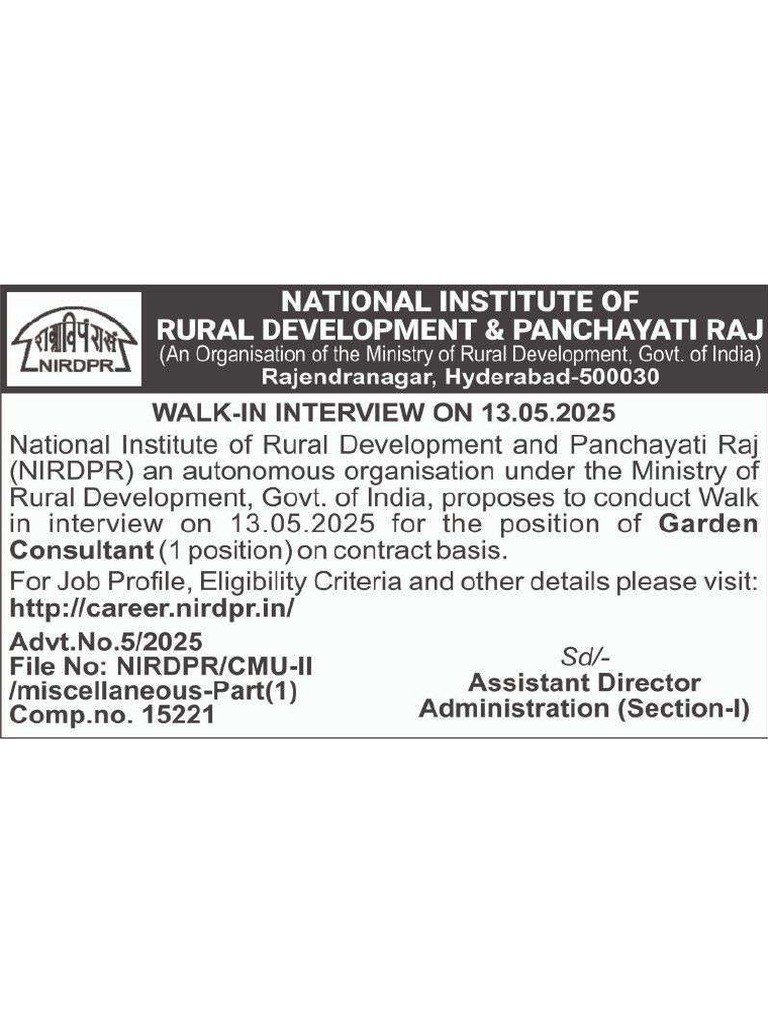NATIONAL INSTITUTE OF RURAL DEVELOPMENT AND PANCHAYATI RAJ (NIRD) Job 62 | PDF