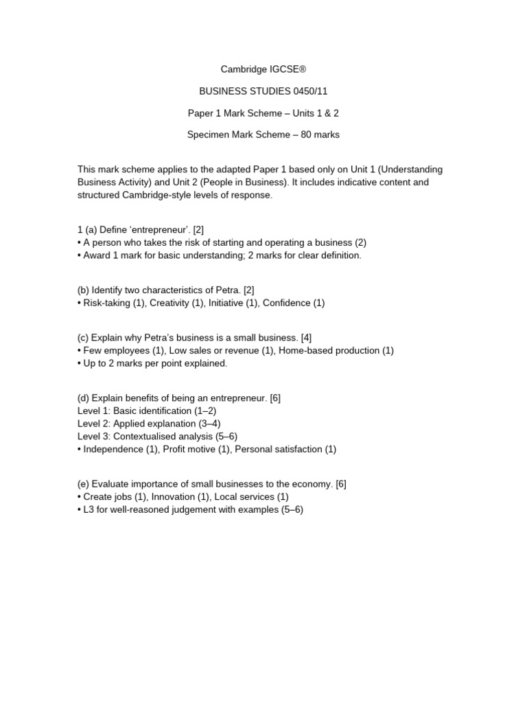 Paper 1 Mark Scheme | PDF | Risk | Entrepreneurship