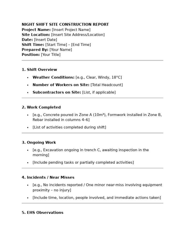 Night Shift Site Construction Report | PDF