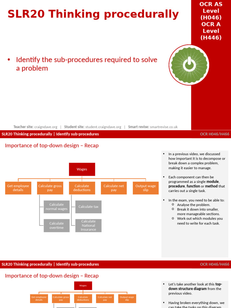 OCR A Level (H046-H446) SLR20 - 2.1 Identify Sub Procedures | PDF ...