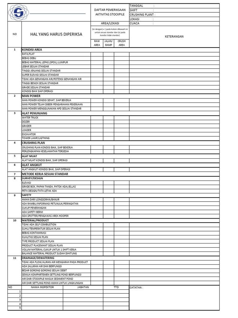 Form Inspeksi Stockpile & Crushing Plant | PDF