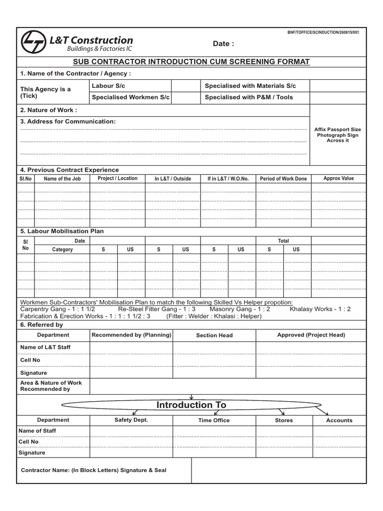 Subcontractor Introduction Form | PDF
