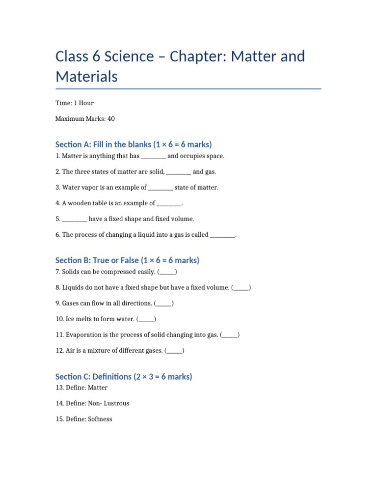 Class 6 Science Matter and Materials Question Paper 40 Marks | PDF