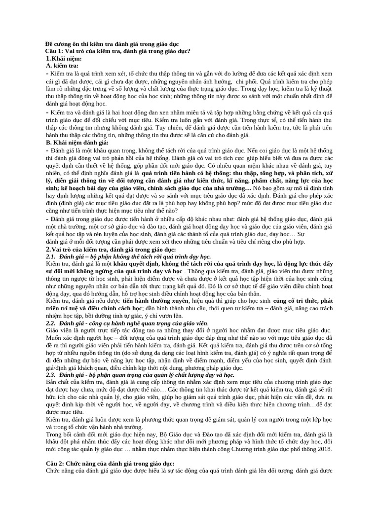 de-cuong-on-thi-kiem-tra-danh-gia-trong-giao-duc | PDF