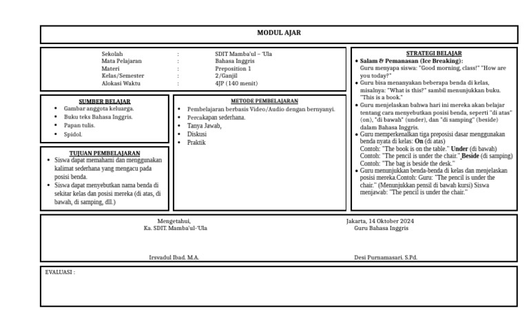 MODUL KELAS 2 Preposition 1 | PDF