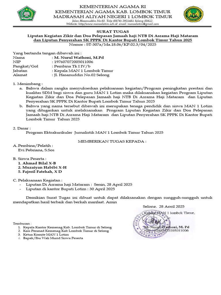 Surat Tugas Liputan Asrama Haji MTRM Dan Kantor Bupati Lotim 2025 | PDF