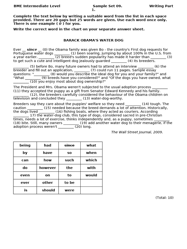 09 BME Intermediate Level - Writing Part 1. - Barack Obama's Water Dog ...