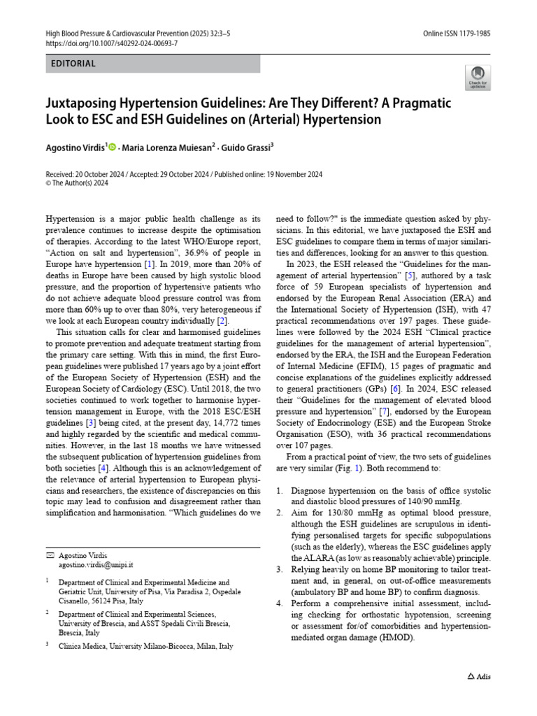 Comparing ESH and ESC Hypertension Guidelines | PDF | Hypertension ...