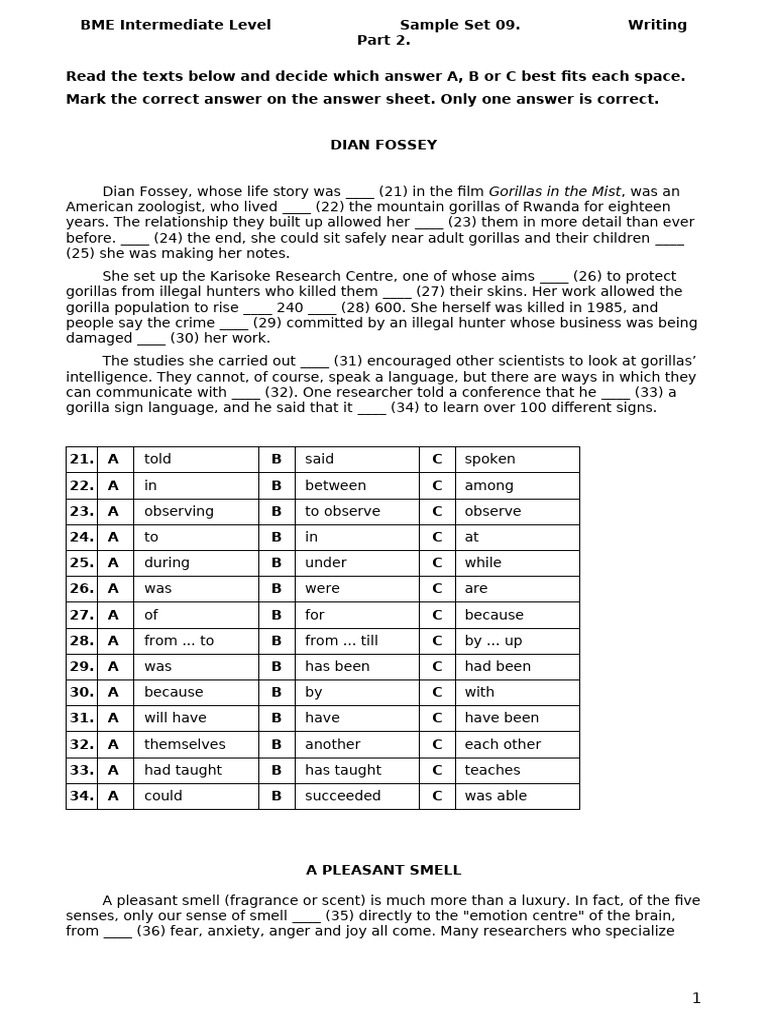09 BME Intermediate Level - Writing Part 2. - Dian Fossey | PDF ...
