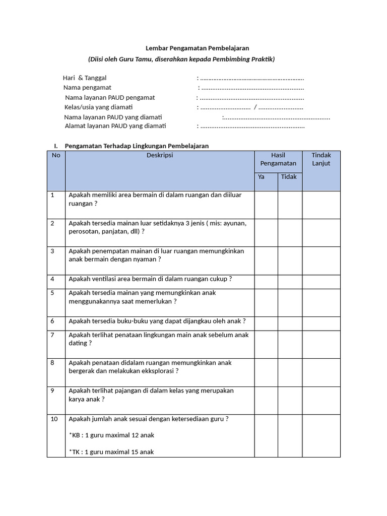 Lembar Pengamatan Pembelajaran (KBL) | PDF