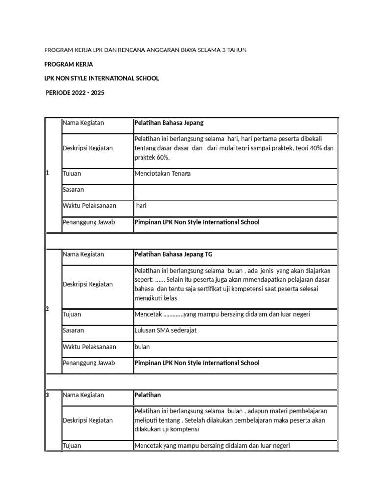 Program Kerja LPK Dan Rencana Anggaran Biaya Selama 3 Tahun | PDF