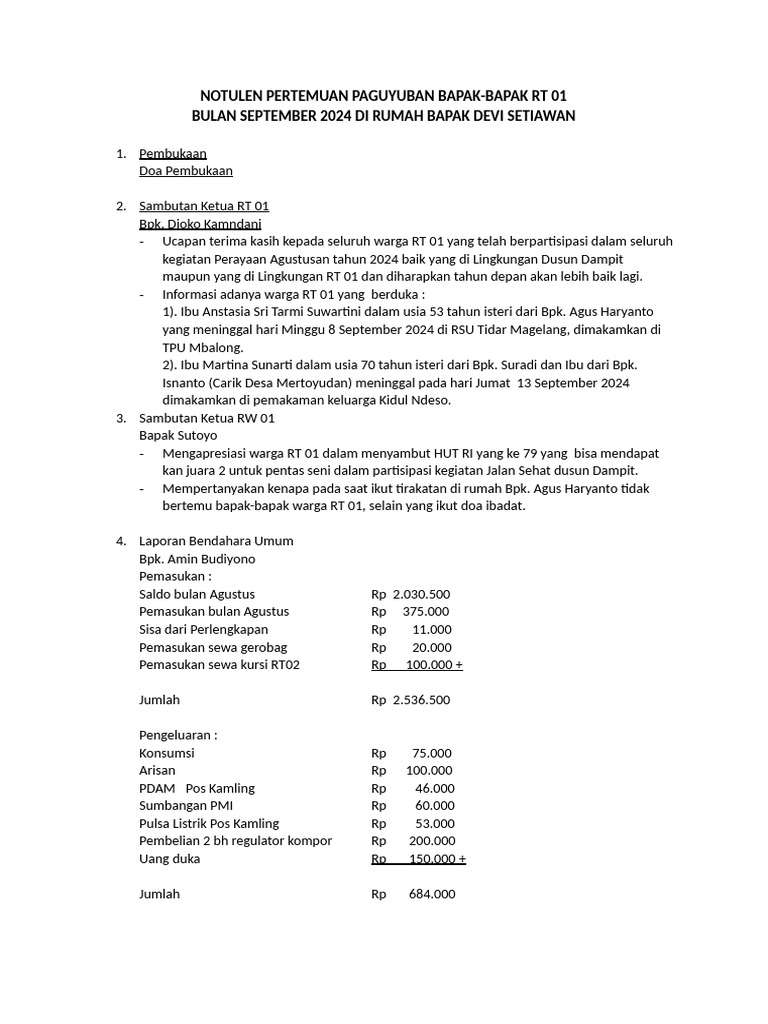Notulen Pertemuan Paguyuban RT 01 | PDF