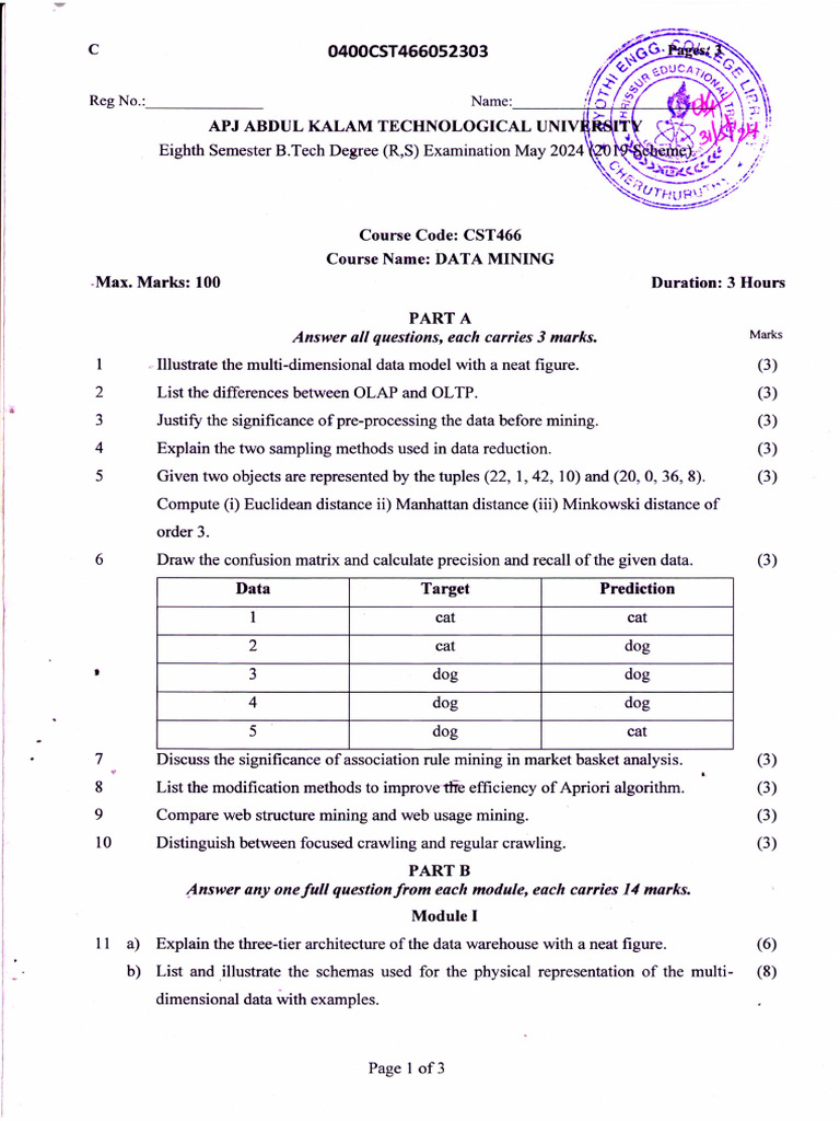 Cst466 Data Mining, May 2024 | PDF | Information Technology | Machine Learning