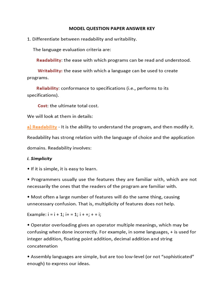 Model Question Paper Answer Key - PP | PDF | Variable (Computer Science ...