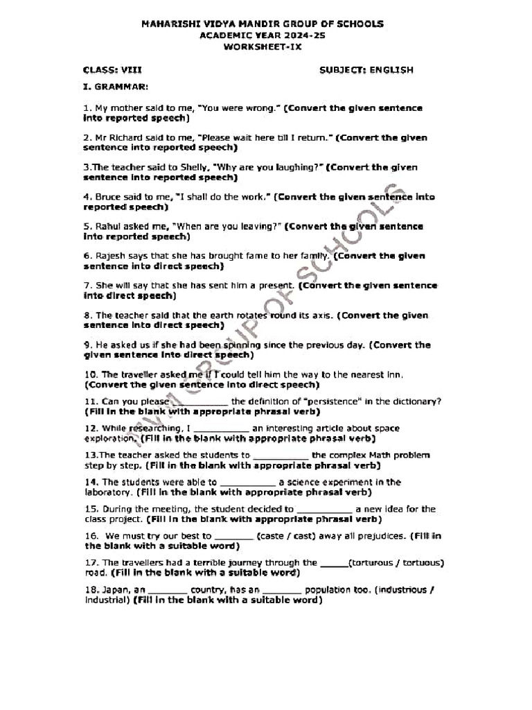 Class VIII English Worksheet | PDF