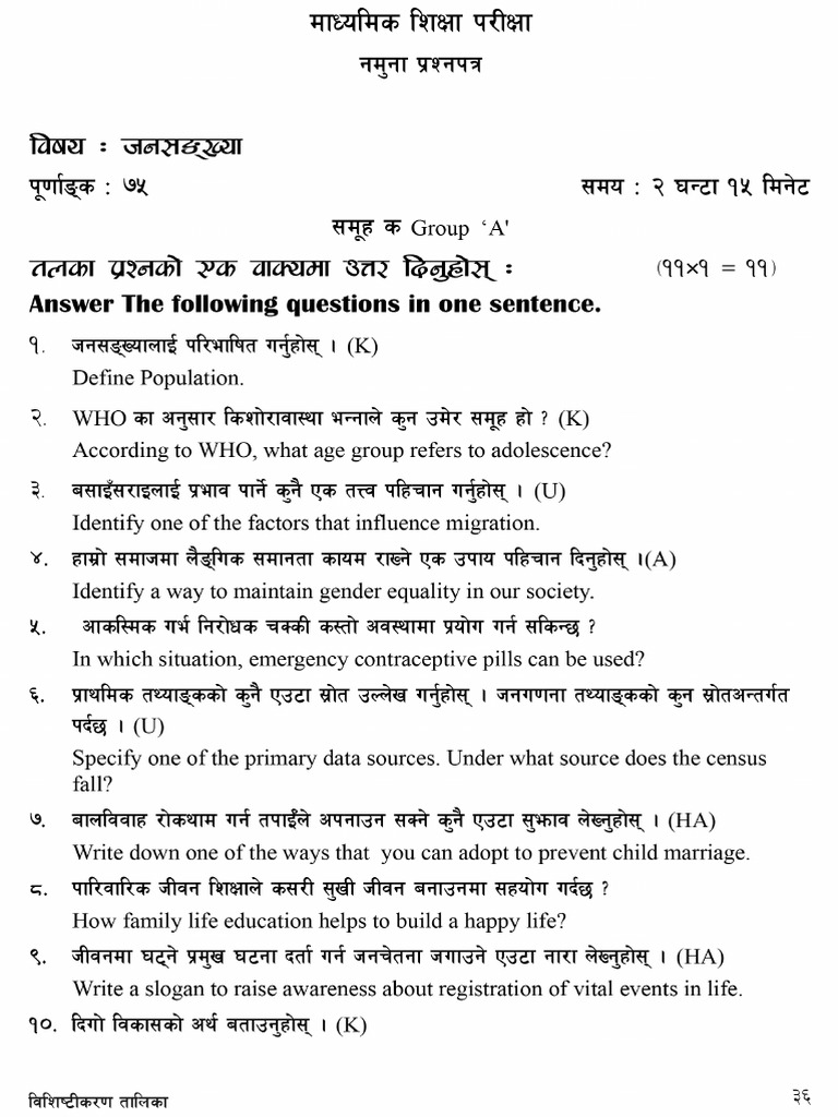 Class 10 SEE Population Model Question 2080 | PDF