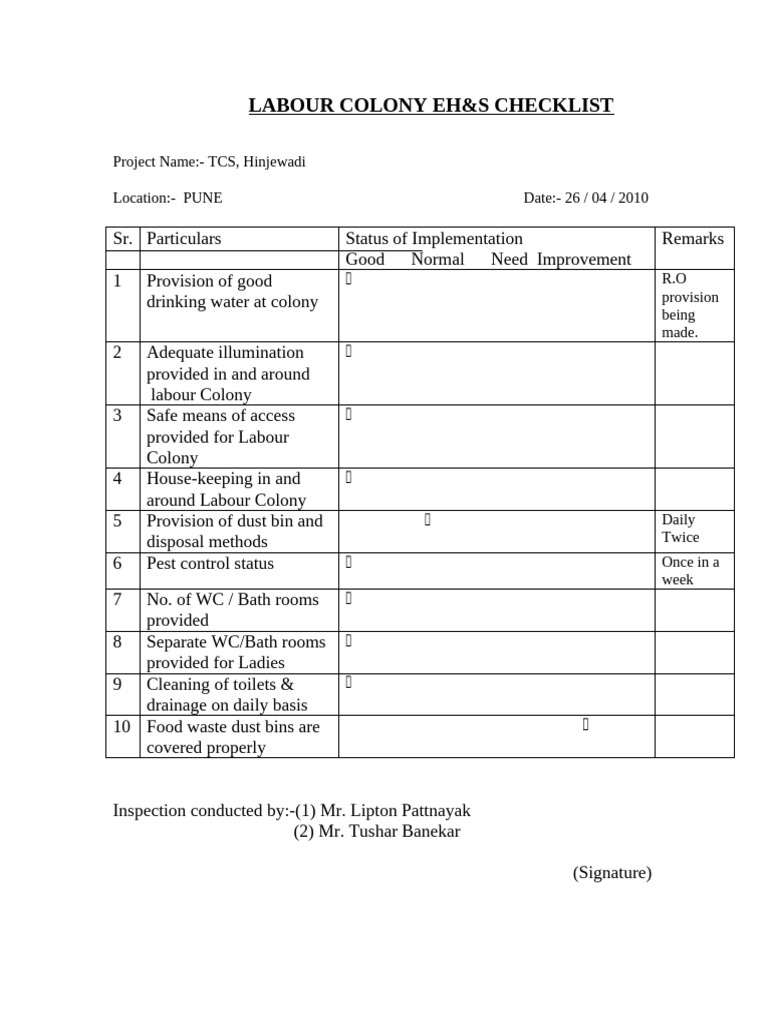 LABOUR COLONY EH&S CHECKLIST | PDF