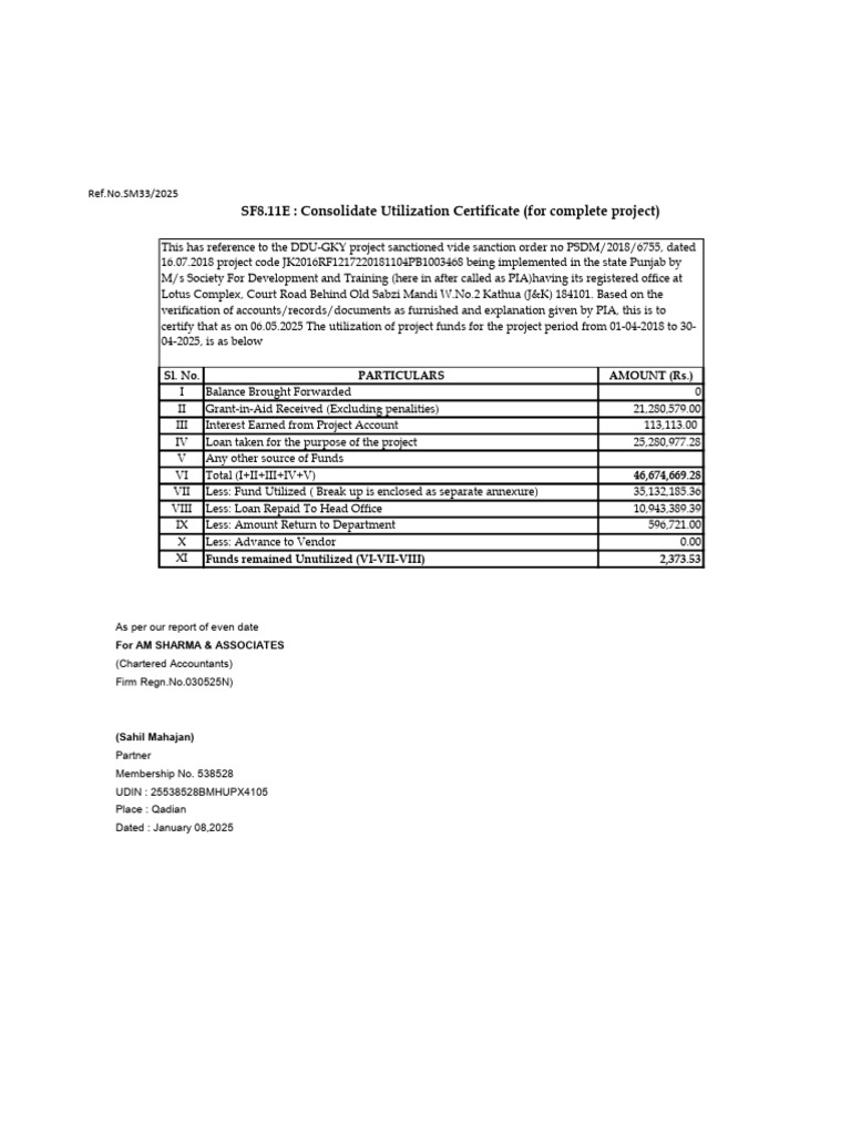 SF8.11E: Consolidate Utilization Certificate (For Complete Project) | PDF