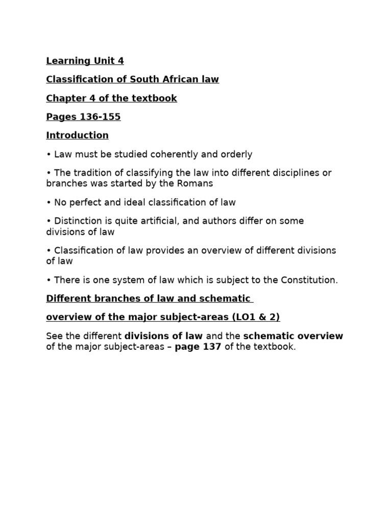 LEARNING UNIT 4 - Classification of South African Law | PDF | Law Of Obligations | Common Law