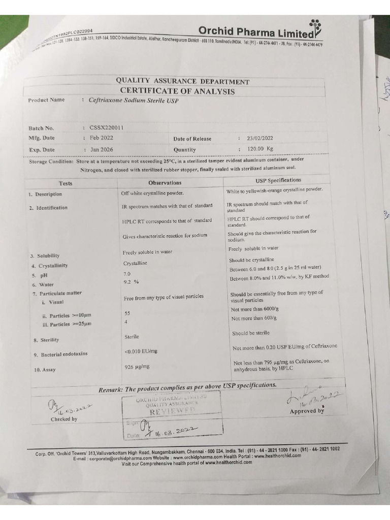 COA Ceftriaxone Orchid | PDF