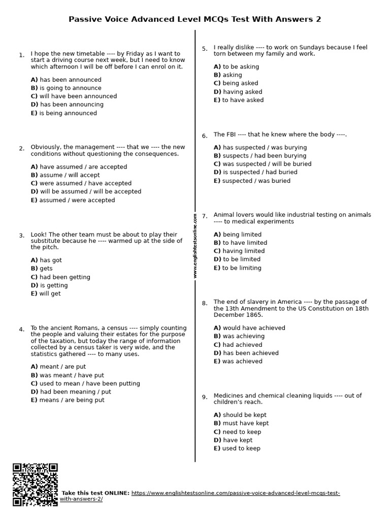 892 Passive Voice Advanced Level Mcqs Test With Answers 2 ...
