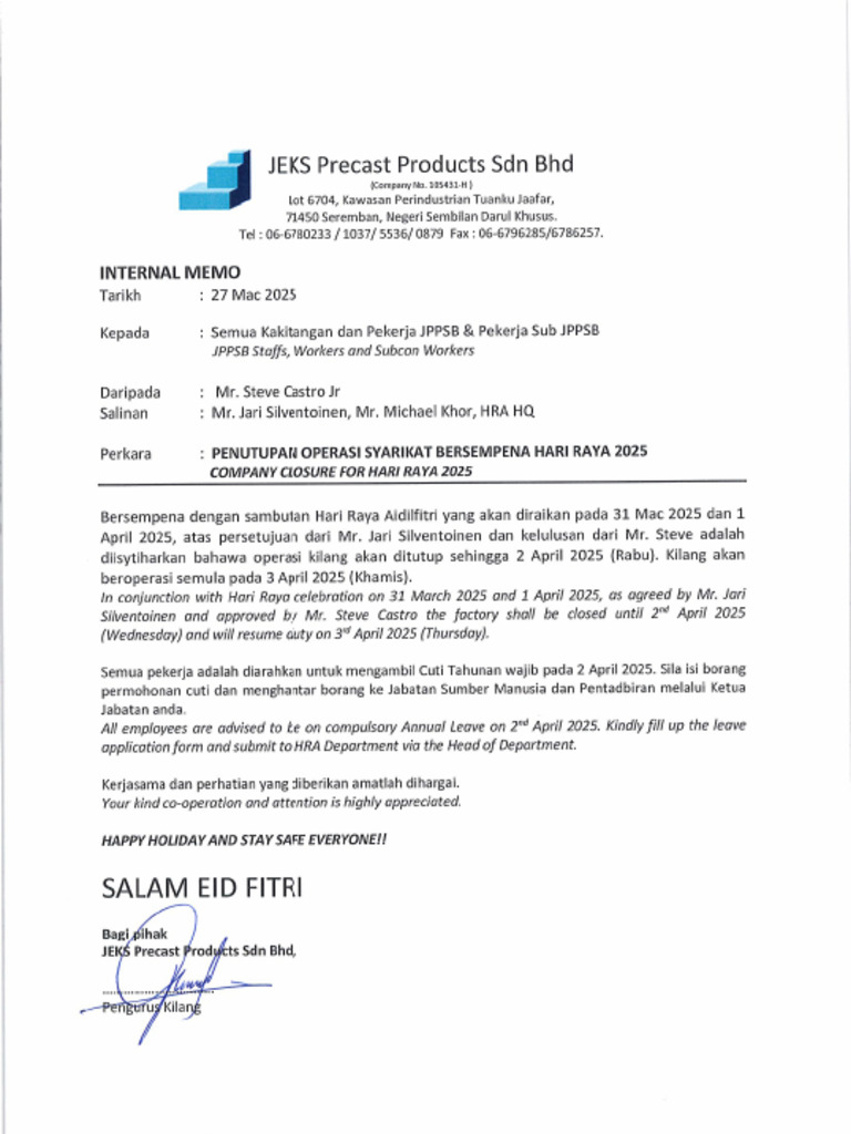 JPPSB - Memo (Hari Raya 2025 Company Shutdown) | PDF