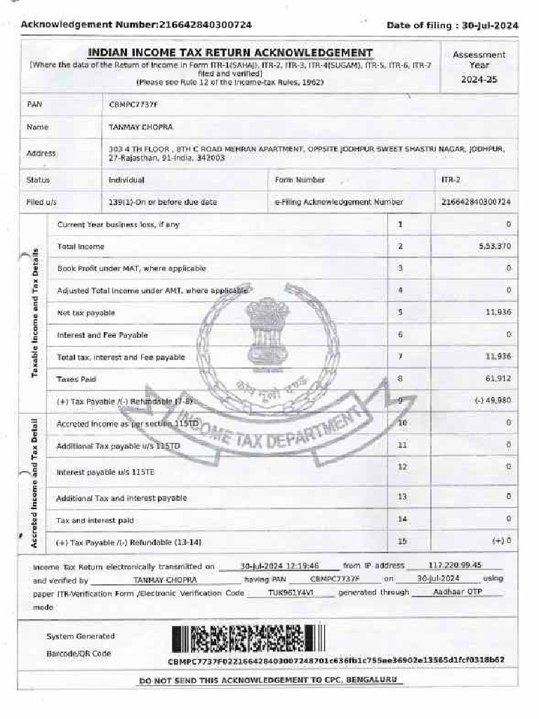 Tanmay Chopra Itr With Computation Fy2023-24 | PDF