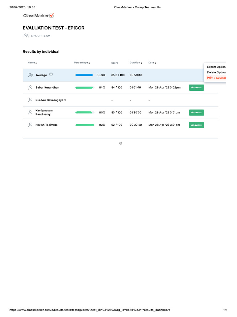 ClassMarker - Group Test Results | PDF