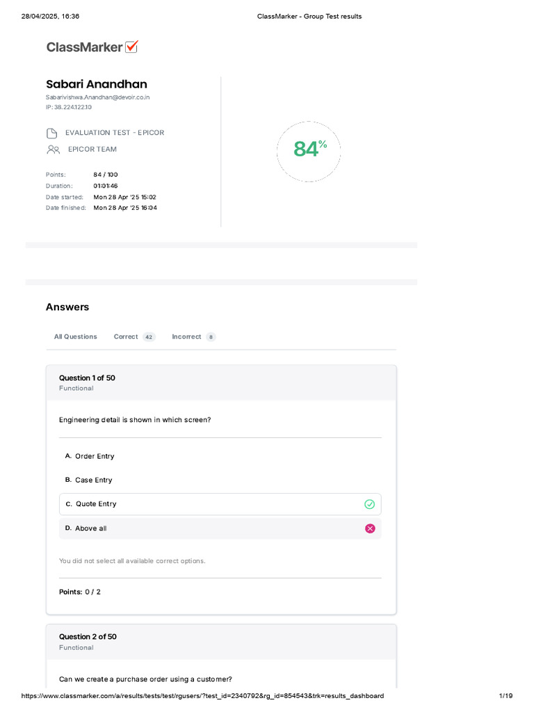 ClassMarker - Group Test Results - Sabari | PDF | Databases | Computing