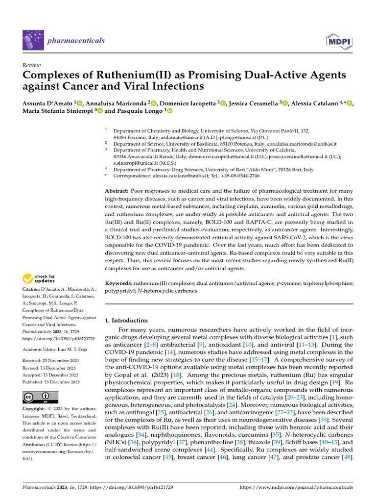 Complexes of Ruthenium (II) As Promising Dual-Active Agents Against Cancer and Viral Infections ...