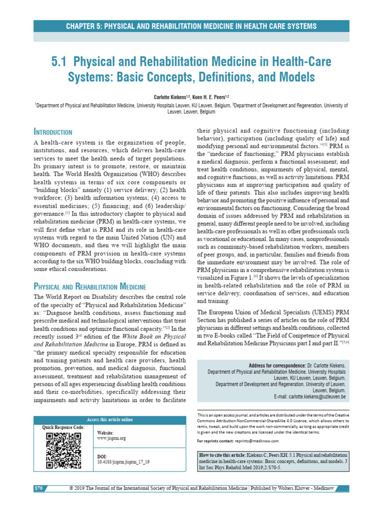 Physical and Rehabilitation Medicine in Health Care Systems: Basic ...