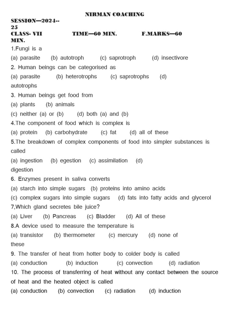 Class VII Science Quiz 2024 | PDF | Cellular Respiration | Chemical ...