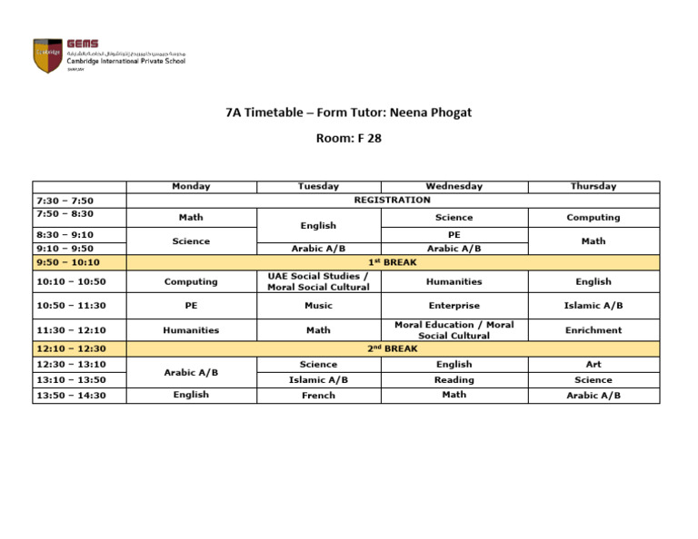 Year 7A Timetable | PDF