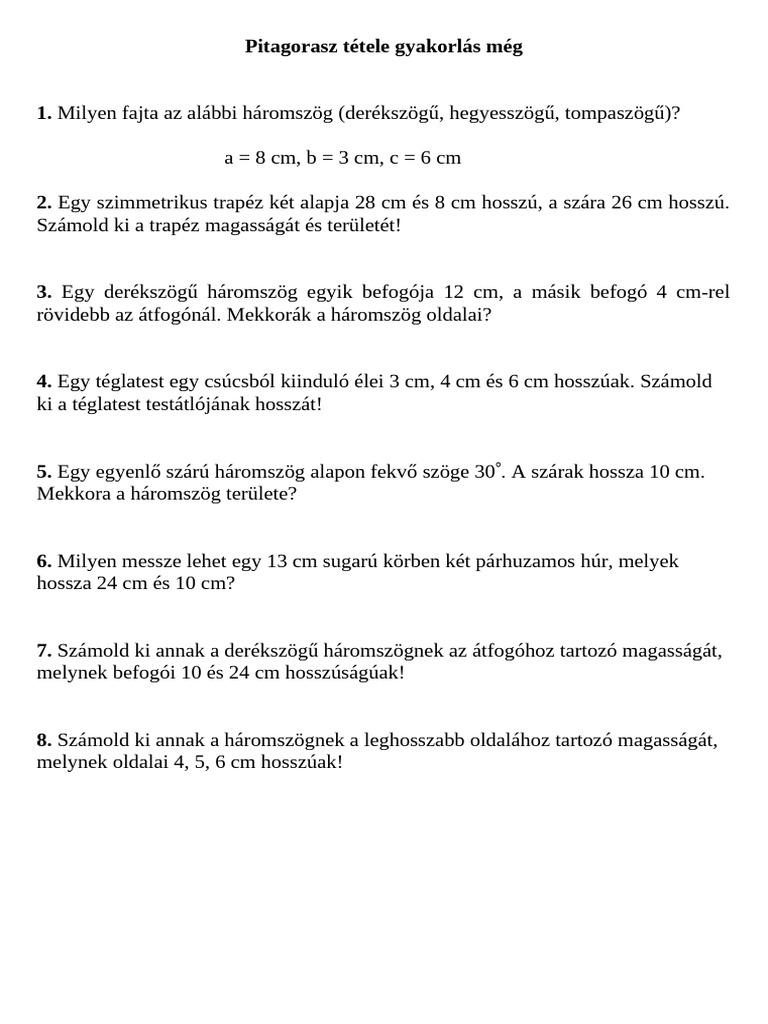 Pitagorasz Tétele Gyakorlás | PDF