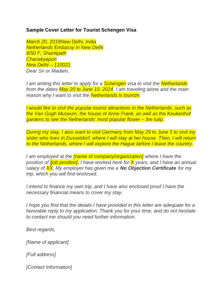 Sample Cover Letter For Tourist Schengen Visa | PDF