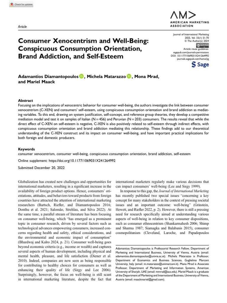 Diamantopoulos Et Al 2024 Consumer Xenocentrism and Well Being ...