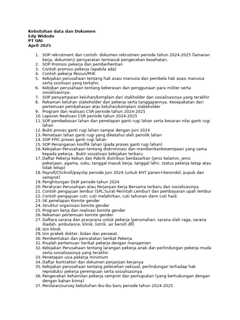 Kebutuhan Data Dan Dokumen PT UAI - 2025 - Edy Widodo | PDF